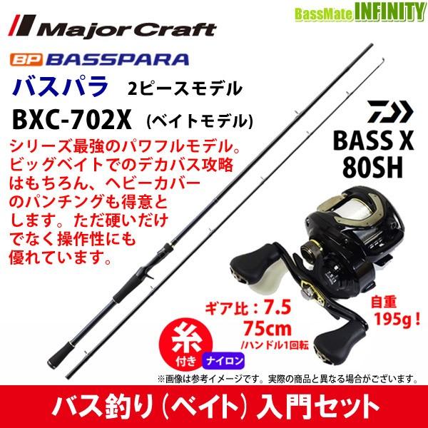 【ナイロン12lb(約100m)糸付き】【バス釣り(ベイト)入門セット】 バスパラ BXC-702X 2ピース (ベイトモデル)＋ダイワ BASS X バスエックス 80SH (右ハンドル ...