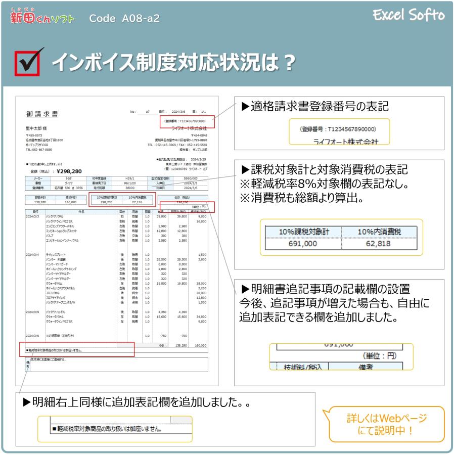 A08‐a2 請求書作成ファイル（3ファイルセット：修理用・車検用・その他業務）Excel エクセル インボイス 新田くん :soft-A08-a2:inforeck - 通販 - Yahoo ...