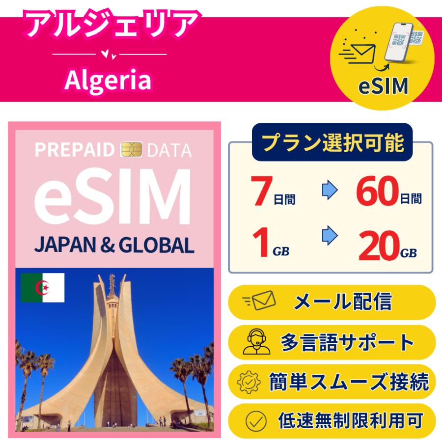 【アルジェリア+】eSIM 7日間〜60日間 1GB〜20GB データ無制限 海外 追加購入可能 プリペイドeSIM 海外ローミング通信 ...