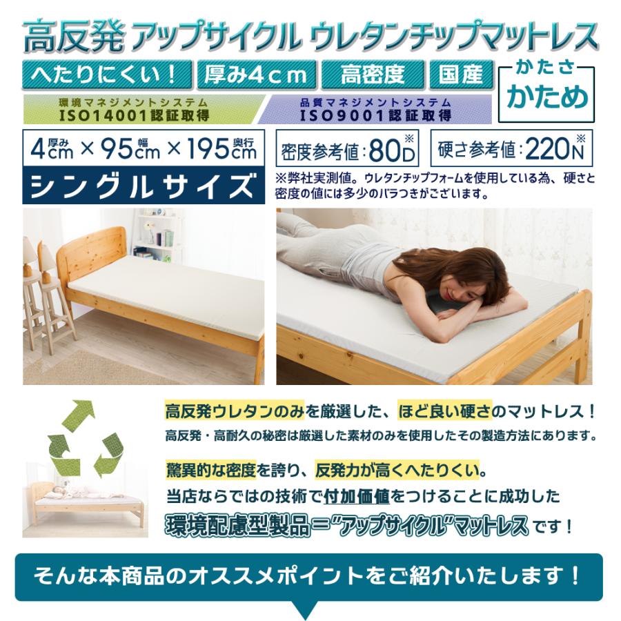 マットレス 高反発 シングル 一枚もの 厚さ 4cm 硬さ かため 220N 高密度 80D チップ ウレタン アップサイクル 国産 日本製 腰痛 肩こり : インズ工房ヤフー店 - 通販 ...