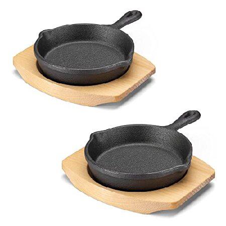 Navaris Mini Cast Iron Skillet with Wooden Base (Set of 2) - Frying Pan ...
