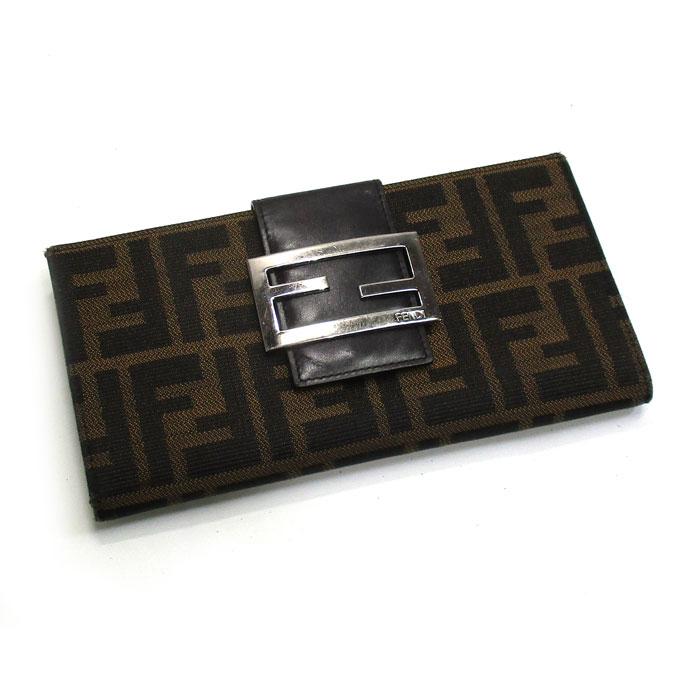 FENDI 【中古】FENDI ダブルホック 二つ折り 長財布 ズッカ キャンバス レザー ブラウン ブラック 8M0032 : サカイの ...