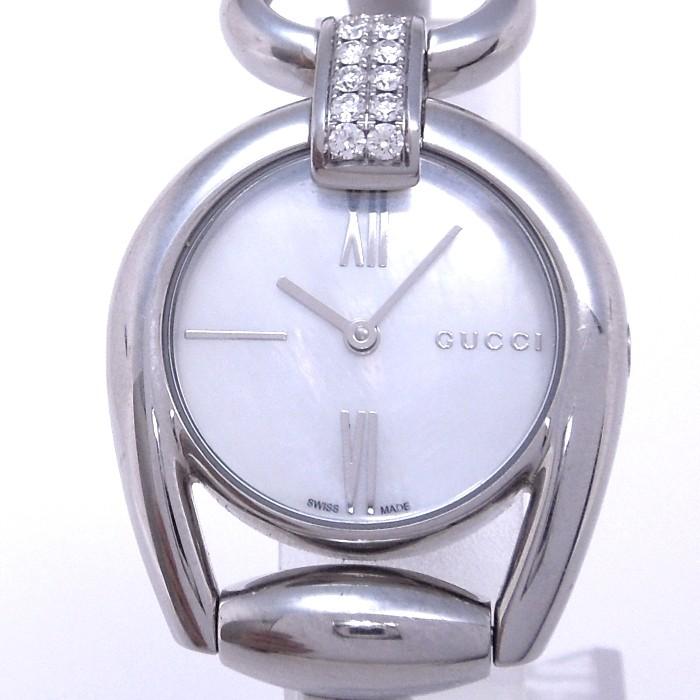 【中古】グッチ レディース腕時計 ホースビット ダイヤモンド ホワイトシェル文字盤 クォーツ SS 139.5 YA139504 ...