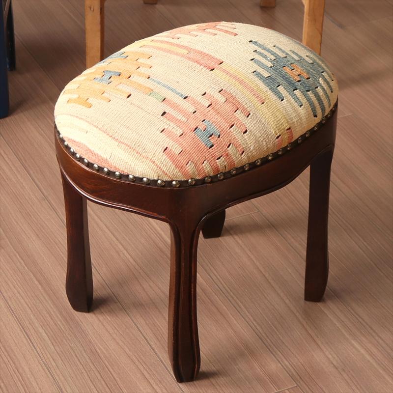 オールドキリム木製家具 H40×W31.5×D41.5cm スツール オットマン オーバル old kilim stool ottman ...