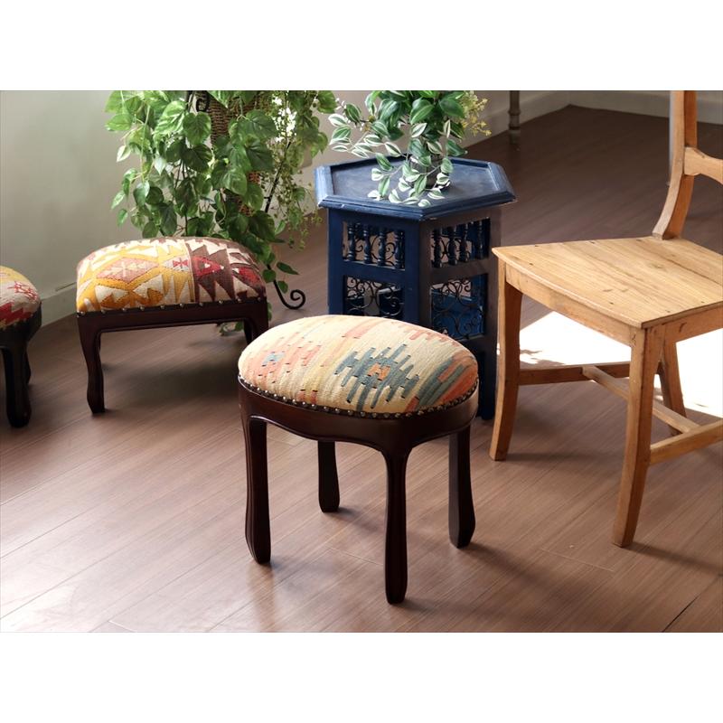 オールドキリム木製家具 H40×W31.5×D41.5cm スツール オットマン オーバル old kilim stool ottman ...