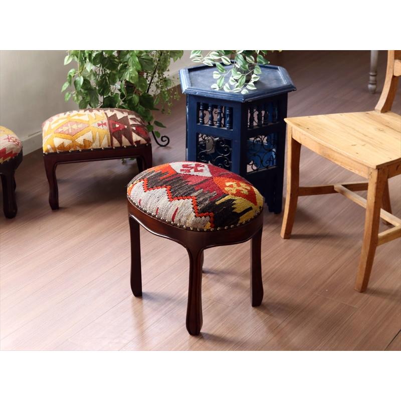 オールドキリム木製家具 H40×W31.5×D41.5cm スツール オットマン オーバル old kilim stool ottman ...