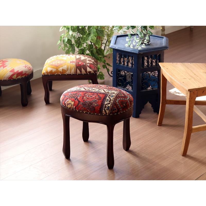 アンティークラグ木製家具 H40×W31.5×D41.5cm スツール オットマン オーバル antique rug stool ottman ...