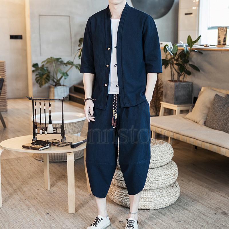 綿麻上下セット メンズ 五分袖 羽織りトップス サルエルパンツ 涼しい