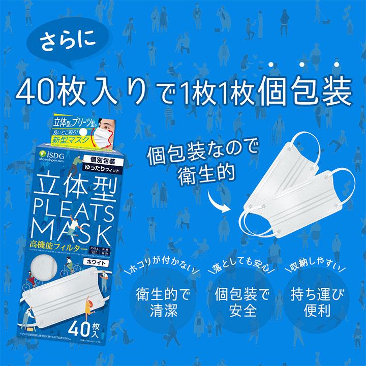 医食同源ドットコム 立体型プリーツマスク ゆったりフィット 40枚入(ホワイト) iSDG マスク 立体型マスク 不織布 立体 カラーマスク ゆったり おしゃれマスク 当日発送 : ISDG ...
