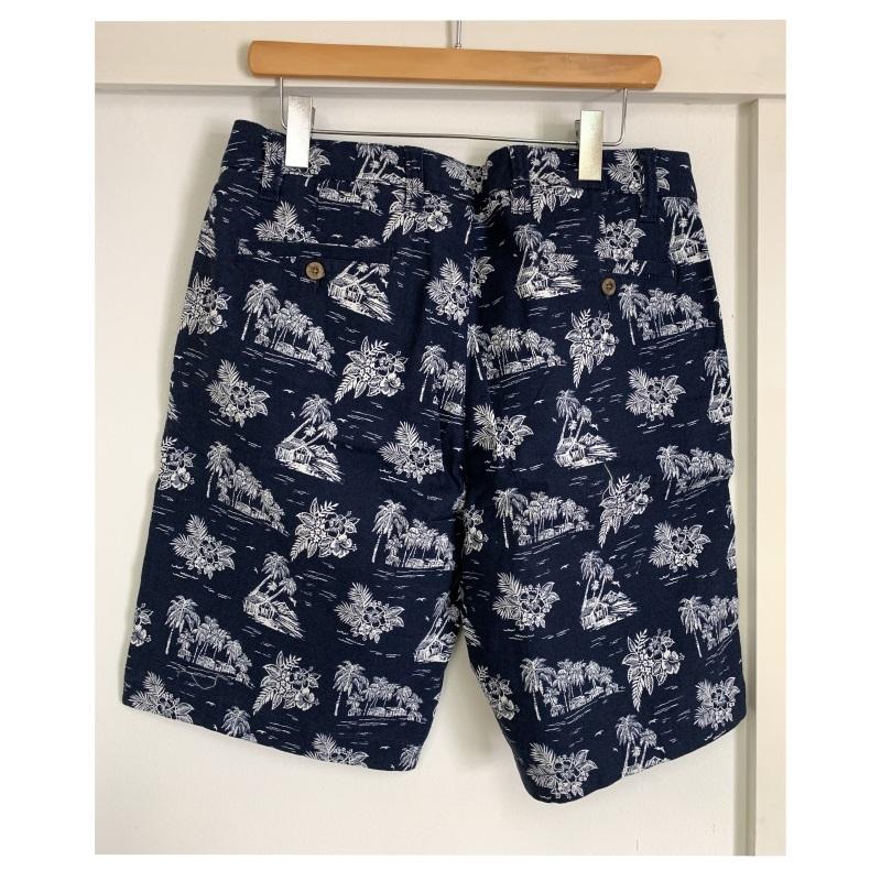 数量限定 (ニューアイビー メンズ プリントショートパンツ ネイビー NAVY TROPICS）サイズ34 短パン ヤシの木 ハイビスカス ...