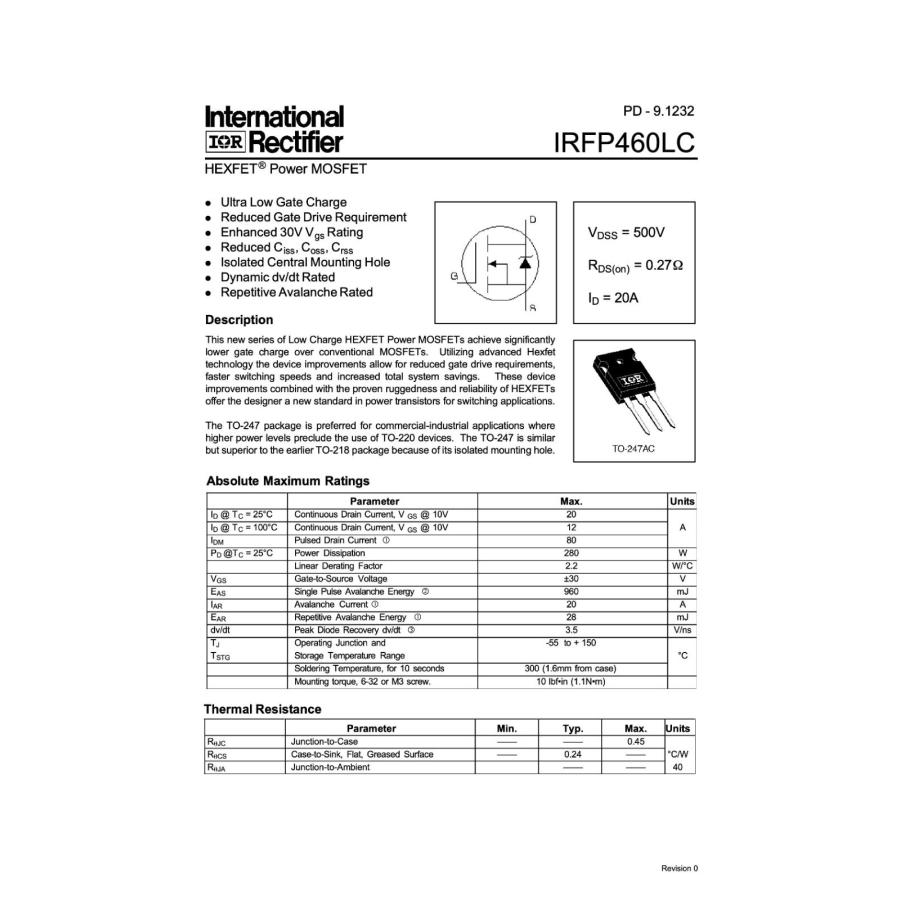VISHAY Power MOSFET トランジスタ 500V 20A IRFP460LC : shopooo by GMO - 通販 ...