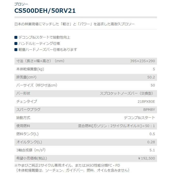 ヤマビコ やまびこ 共立 チェンソー CS500DEH/50RV21 [50cmスプロケットノーズバー] [排気量50.2cc] 【YAMABIKO/KIORITZ】 : 伊藤農機ストア ...