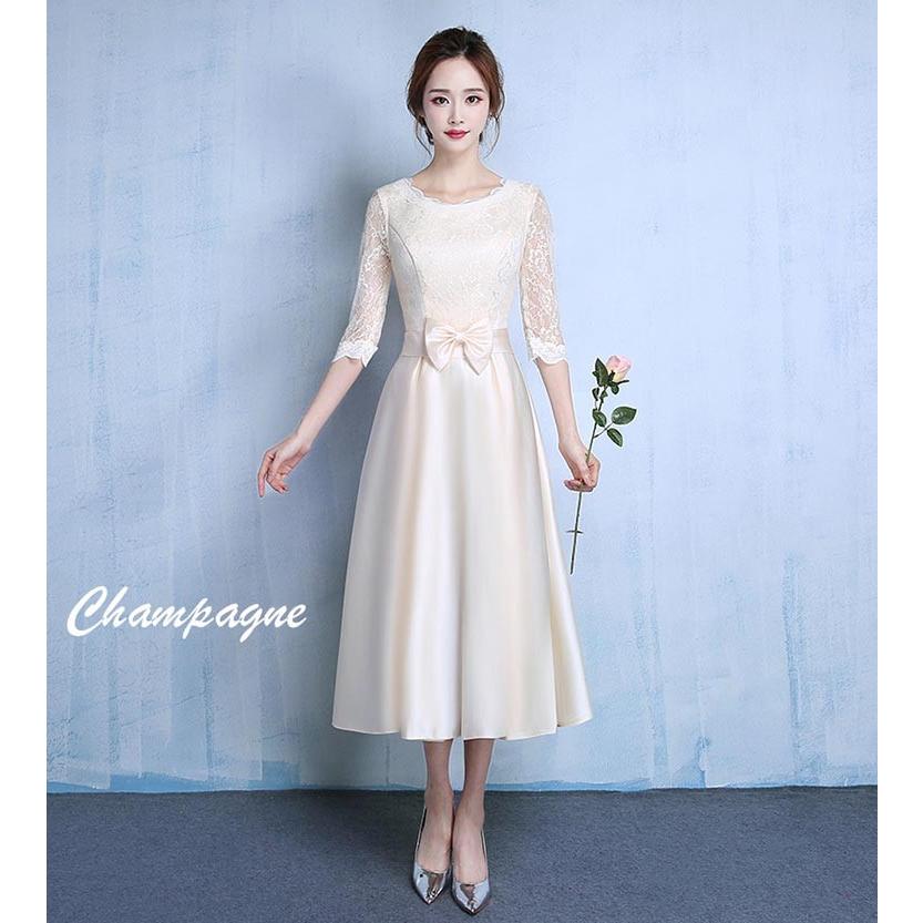 パーティードレス 結婚式 ミモレ丈 ワンピース 七分袖 レース 母親