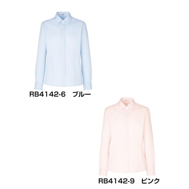 ブラウス RB4142 長袖 部分ニット ストライプ柄 ブルー 青 ピンク ホワイト 白 桃 5号〜15号 制服 オフィス 事 : イワキ ...