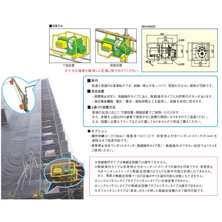 TKK 足場ボーイ MA-E900WR-60M 1セット 無線式 ワイヤー径Φ5×長さ60m 定格荷重150kg ダブルリモコン 2か所操作用 据置型ウインチ : 足場専門通販Jマート ...