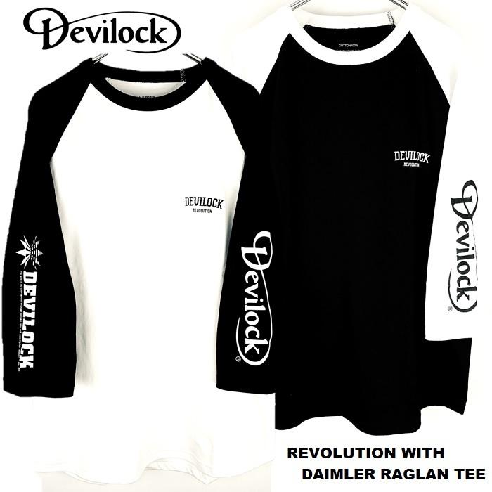 DEVILOCK デビロック「REVOLUTION WITH DAIMLER RAGLAN TEE」ラグランTシャツ 七分袖 黒白 ブラックホワイト スカル ドクロ メンズレディース ...