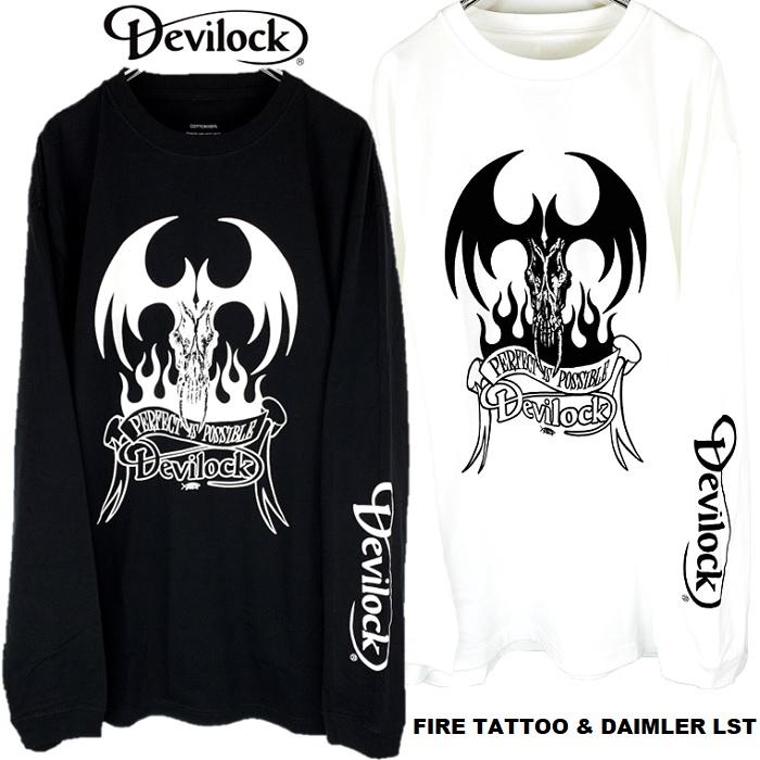 DEVILOCK デビロック「FIRE TATTOO & DAIMLER LST」オーバーサイズビッグロンT 長袖Tシャツ 黒白 ブラックホワイト 悪魔デビル スカルドクロ 袖プリント ...