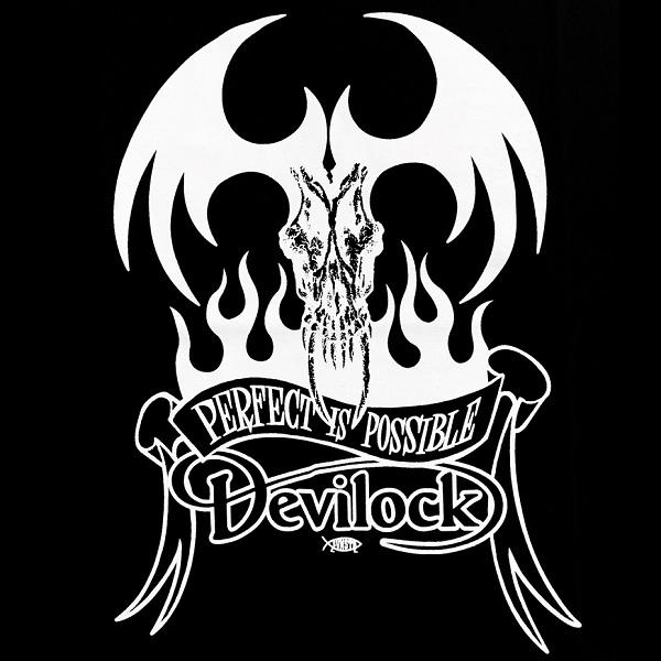 DEVILOCK デビロック「FIRE TATTOO & DAIMLER LST」オーバーサイズビッグロンT 長袖Tシャツ 黒白 ブラックホワイト 悪魔デビル スカルドクロ 袖プリント ...