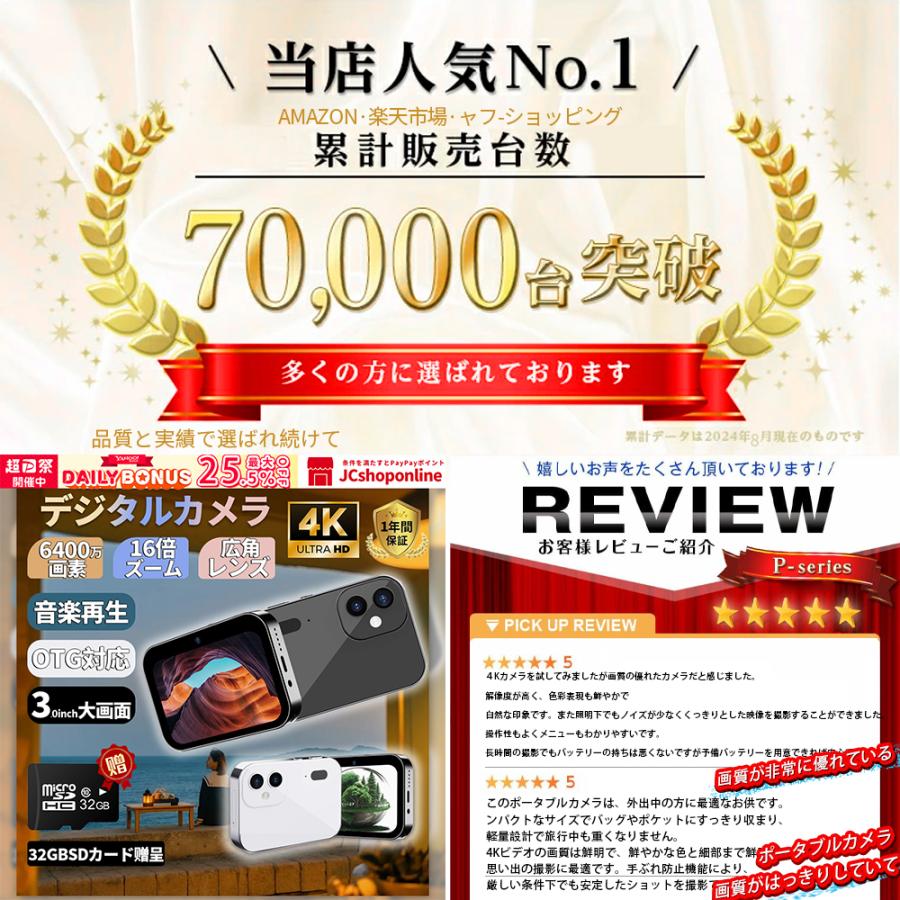 デジタルカメラ カメラ 4K 6400万画素 スリーショット 広角レンズ 望遠レンズ オートフォーカス 3inch タッチスクリーン 音楽再生 MP3 MP4 録音 2024 新品 ...