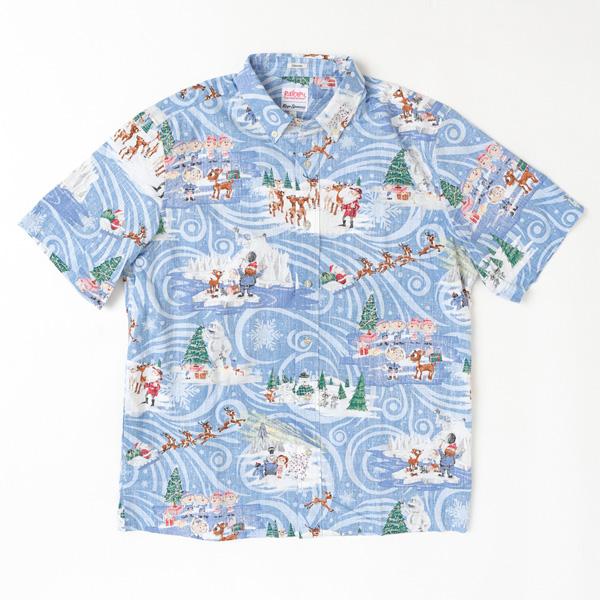 reyn spooner reynspooner レインスプーナー クリスマスモチーフ 真っ赤なお鼻のトナイカイさん 125-5931 ボタンフロント 0286）ホリデイブルー アロハ シャツ ...