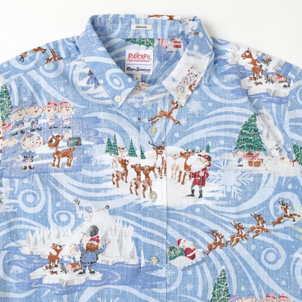reyn spooner reynspooner レインスプーナー クリスマスモチーフ 真っ赤なお鼻のトナイカイさん 125-5931 ボタンフロント 0286）ホリデイブルー アロハ シャツ ...