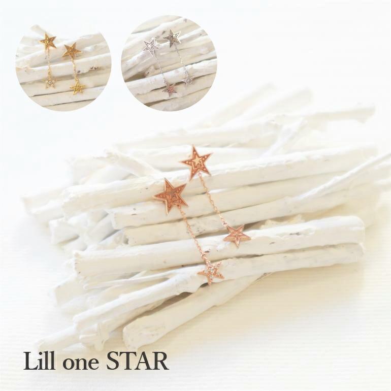 【Lill one STAR リルワンスター】 スター＆スター ピアス K18 D0.06ct スポーツ ダイヤモンド 活性化鉱水 ...