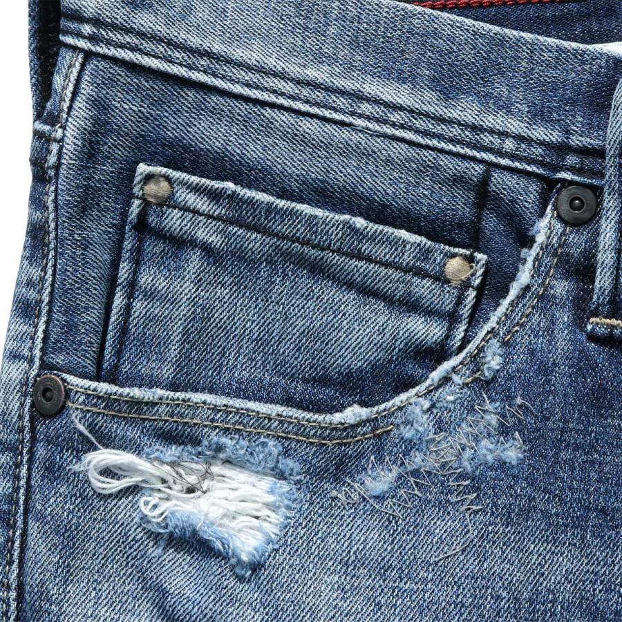 BLUE WAY（ブルーウェイ） レギュラーテーパードジーンズ ソリッドストレッチデニム（クラッシュリペアハンドブリーチ）:M1881 ...