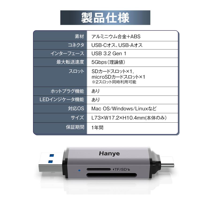Hanye Hanye SDカードリーダー USB 3.2 Gen 1 UHS-I DDR225モード Type-C OTG対応 5Gbps ...