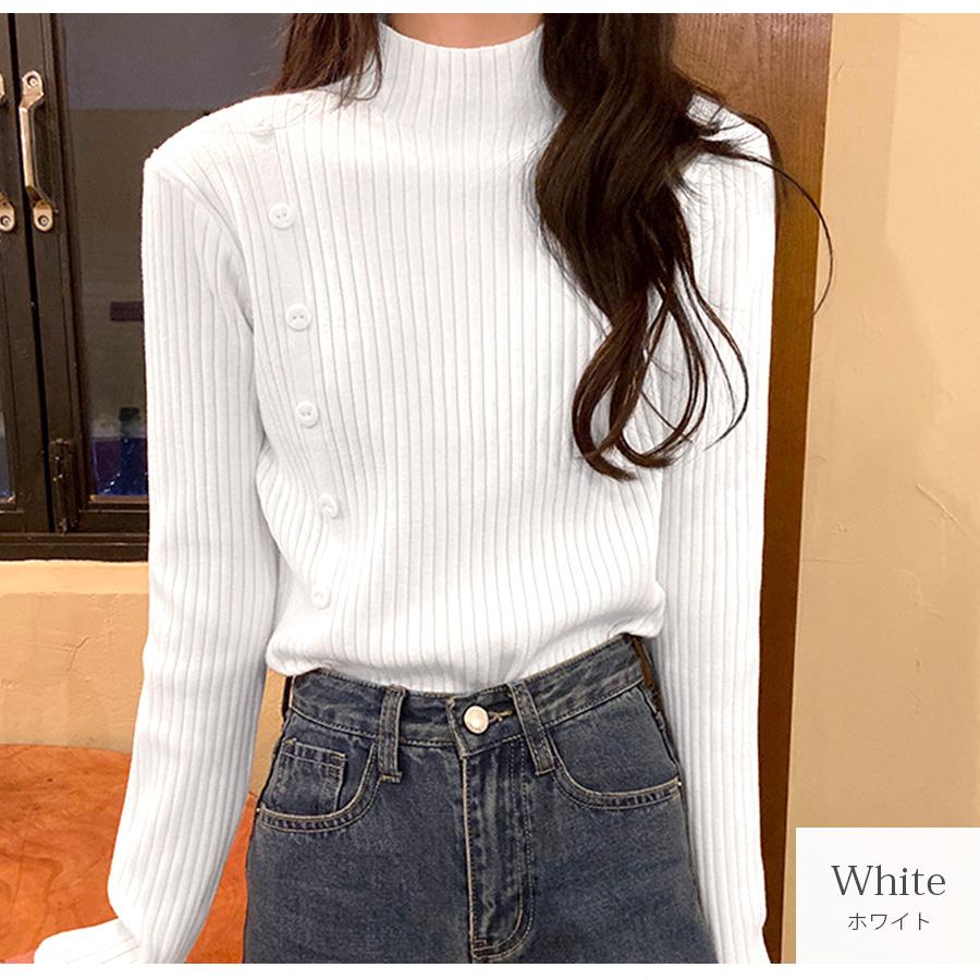 ニット トップス スリット 長袖 ハイネック ボタン ブラック 黒 ホワイト 白 レッド 赤 ベージュ 茶 グリーン 緑 ブルー 青 フリーサイズ JOCOSA 7156 : 7156 ...