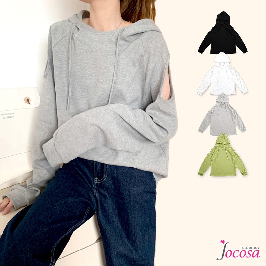 カットソー 肩出し フード付き 薄手 長袖 トップス パーカー スウェット ブラック ホワイト グレー グリーン M L JOCOSA ...