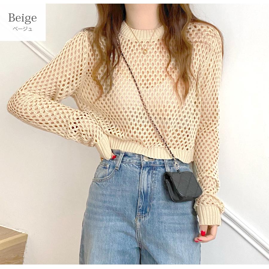 ニット トップス メッシュ 透かし編み レイヤード 重ね着 長袖 春 秋 ラウンドネック カジュアル ブラック ホワイト ベージュ フリーサイズ JOCOSA 7173 :7173 ...