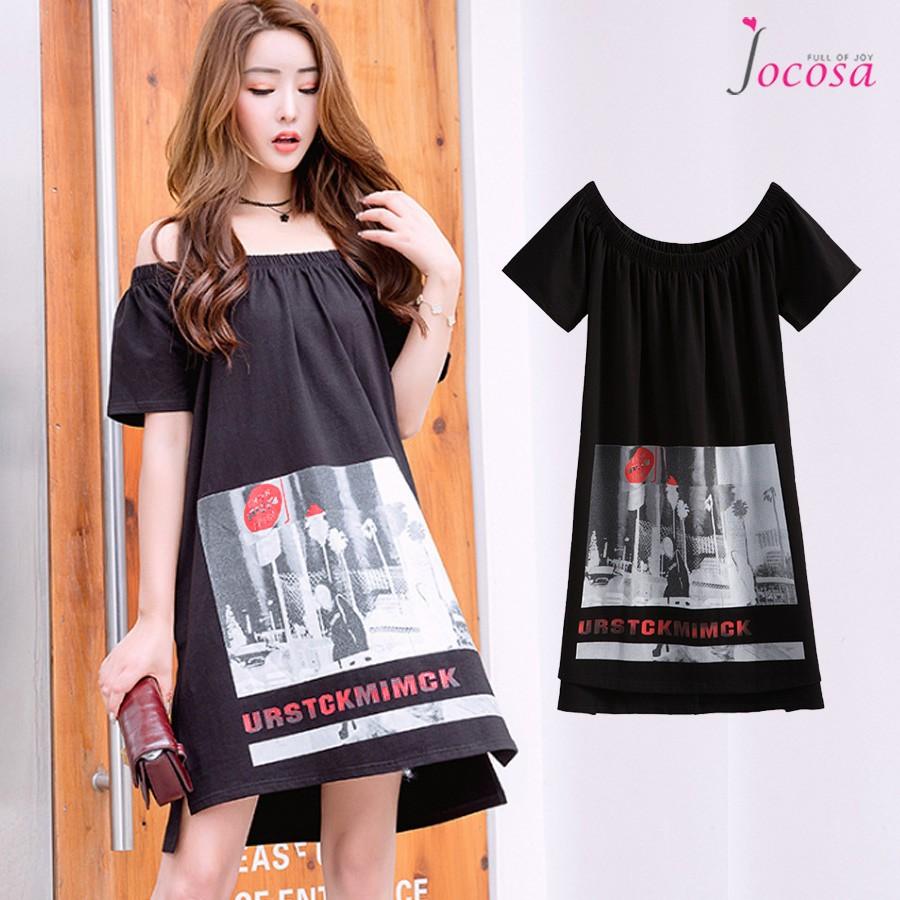 ワンピース レディース 半袖 ショート ミニ オフショルダー フォトプリント ロゴ 英字 スリット 写真 ゆったり 後ろ下がり 綿 春 夏 ブラック 黒 JOCOSA 8823 ...