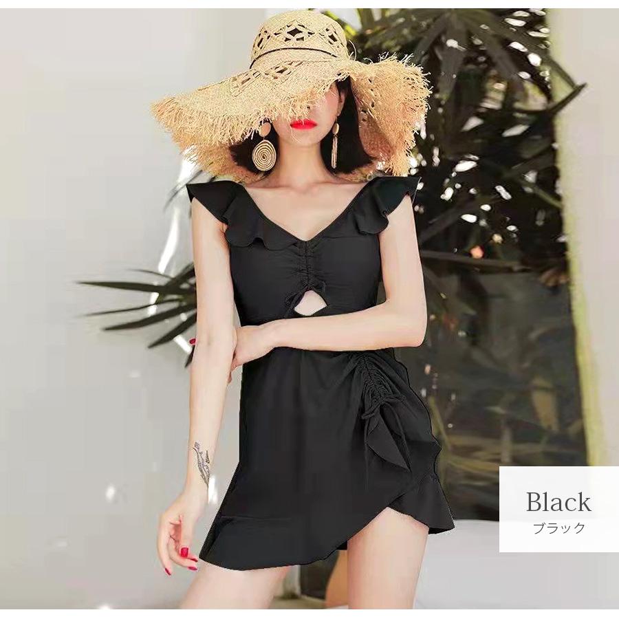 水着 ワンピース オールインワン ノースリーブ フリル ギャザー キーホール パッド付き Vネック 体型カバー ブラック 黒 ベージュ M L JOCOSA 9808 : 9808 ...