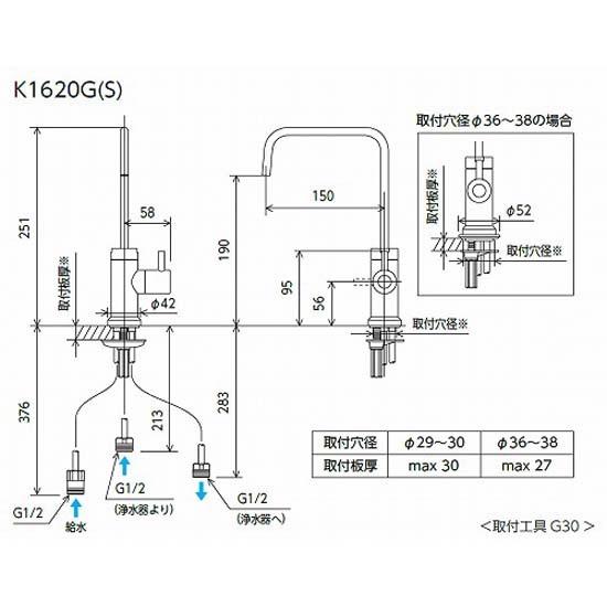 KVK キッチン用 K1620GS ビルトイン浄水器用水栓 :K1620GS:ジュールプラスYahoo!店 - 通販 - Yahoo!ショッピング