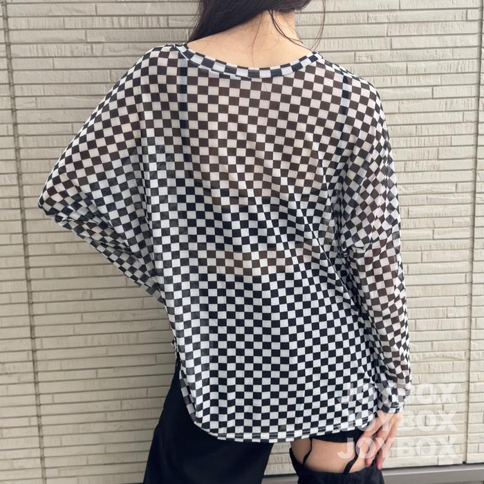 シアー チェッカー フラッグ柄 シースルー トップス ロンT T シアー チェッカー フラッグ柄 シースルー トップス ロンT T