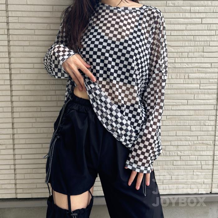 シアー チェッカー フラッグ柄 シースルー トップス ロンT T シアー チェッカー フラッグ柄 シースルー トップス ロンT T
