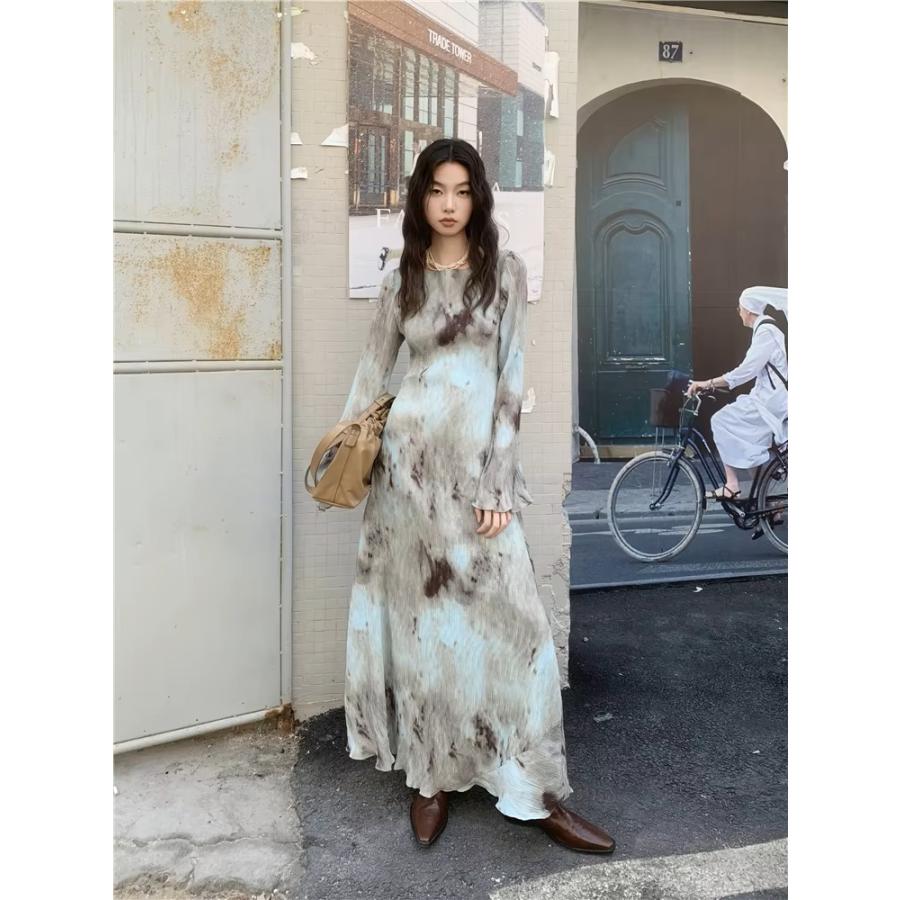 タイダイ シワ プリーツ ロング ワンピース 長袖 グラデーション 韓国 ストリート系 多系統 春 秋 レディース ファッション 9OP-2 ...