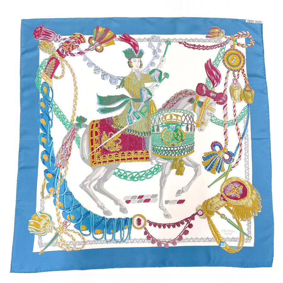 HERMES エルメス スカーフ カレ 90 大判スカーフ 正方形 Le Timbalier ティンパニ奏者 シルク100％ ブルー/ホワイト ...