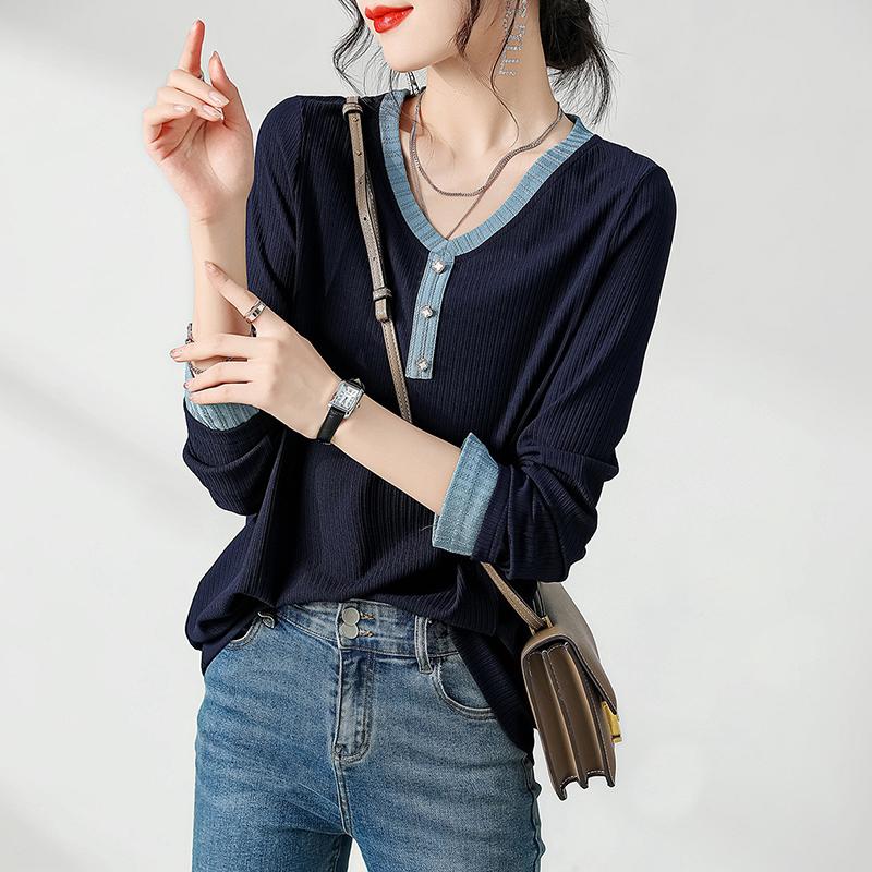 レディース ニット プルオーバー トップス Vネック 切り替えデザイン 長袖 Tシャツ ロンT カットソー スプリング :ct693323415458:JustMode - 通販 ...