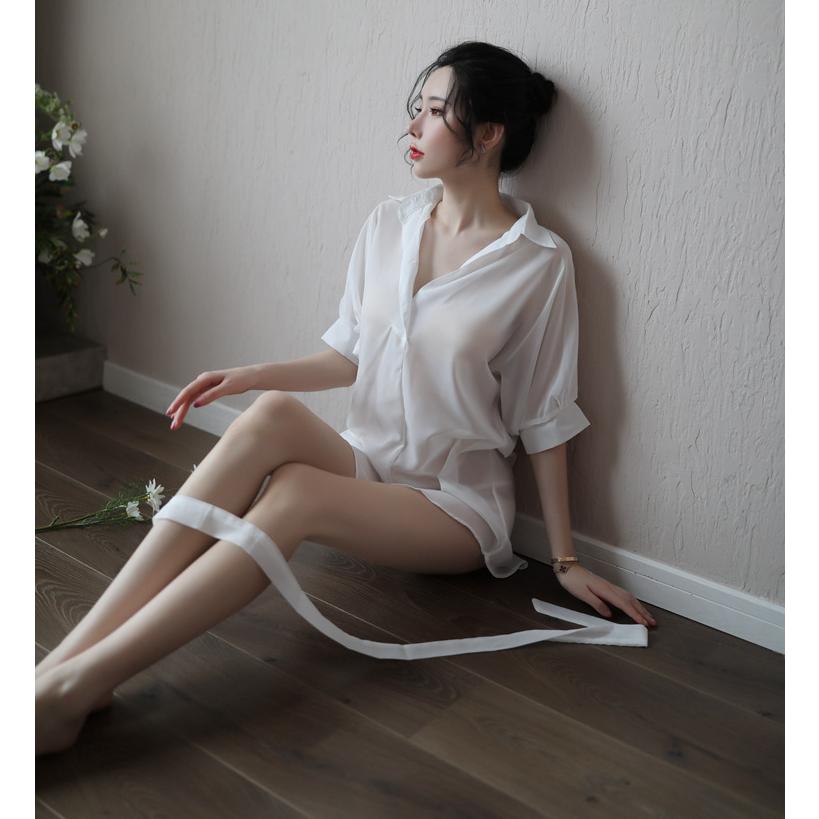 チュニック ランジェリー シャツワンピース 五分袖 シフォンシャツ ナイトウエア パジャマ 女性 部屋着 ベビードール Tバック付き 3点セット 誘惑 勝負下着 :qq525897464887 ...