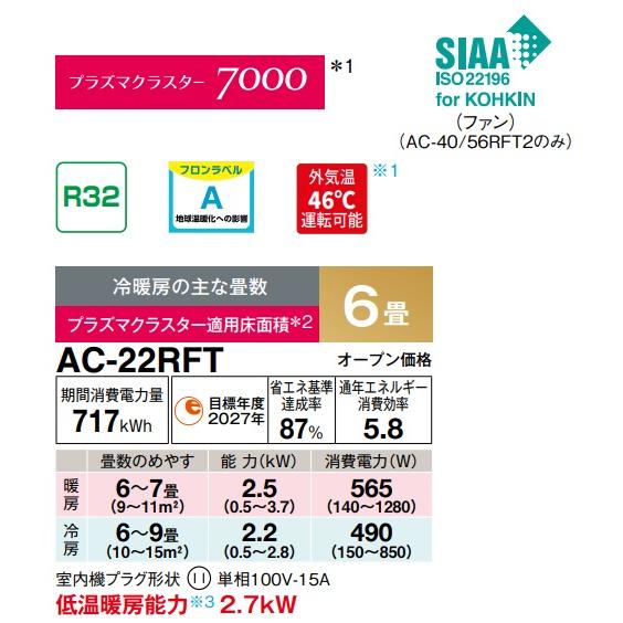 6畳用【AC-22RFT】シャーププラズマクラスター7000エアコン電源100V会社・事業者・店舗様限定 北海道・沖縄・離島は別途送料有 : 住設スタジアム - 通販 - Yahoo!ショッピング