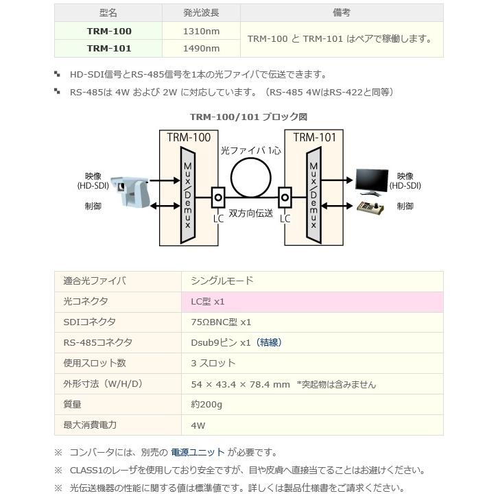 【P】 カナレ電気 CANARE TRM-100 HD-SDI光複合コンバータ 波長1310nm RS-485 BNC-LCコネクタ ...