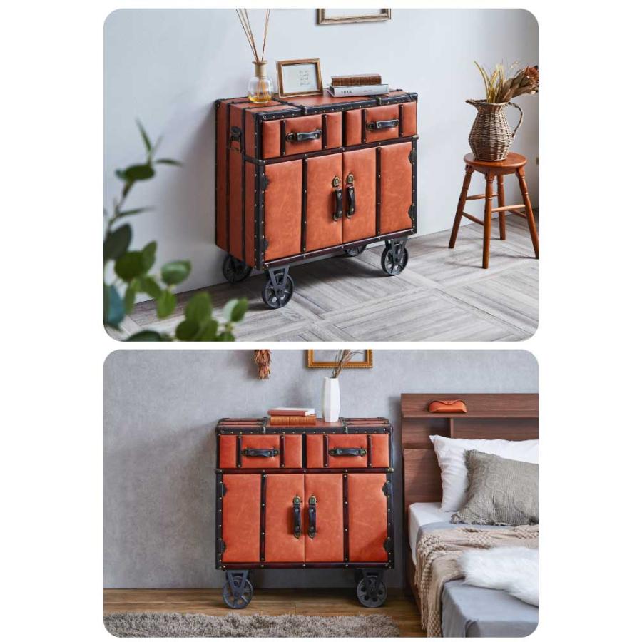サイドキャビネット 幅80cm トランク風 鋲打ちデザイン リビングボード サイドチェスト 整理チェスト サイドボード 鞄風 デザイン家具 オレンジ ブラウン : KAaGU.com - 通販 ...