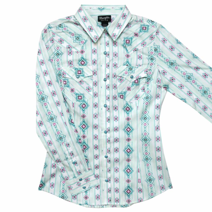 Wrangler メール便可 ラングラー Wrangler レディース ウエスタンシャツ ネイティブ柄 長袖 シャツ グリーン系 ストライプ ...
