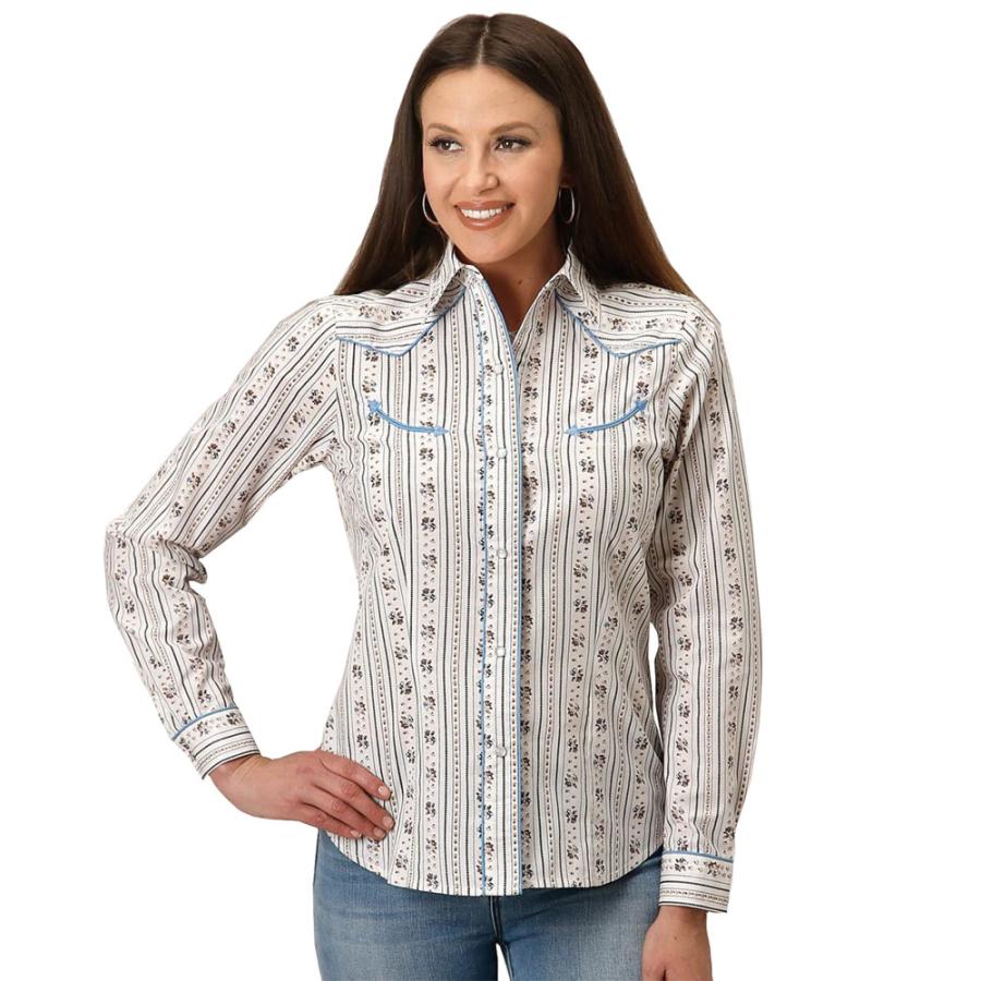 メール便可 レディース ウエスタンシャツ 花柄 ストライプ カントリー 白シャツ ホワイト ローパー Roper LPS369 : カチーナ ...