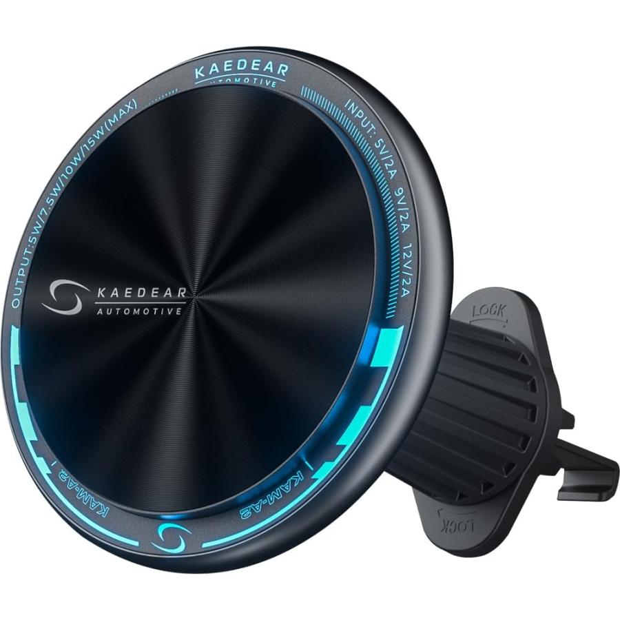 Kaedear 車 スマホホルダー ワイヤレス充電 マグネット QI ハイブリッド スマホスタンド 車載 携帯ホルダー QI2 充電 エアコンフック LED BLUE マグチャージャー KAM ...