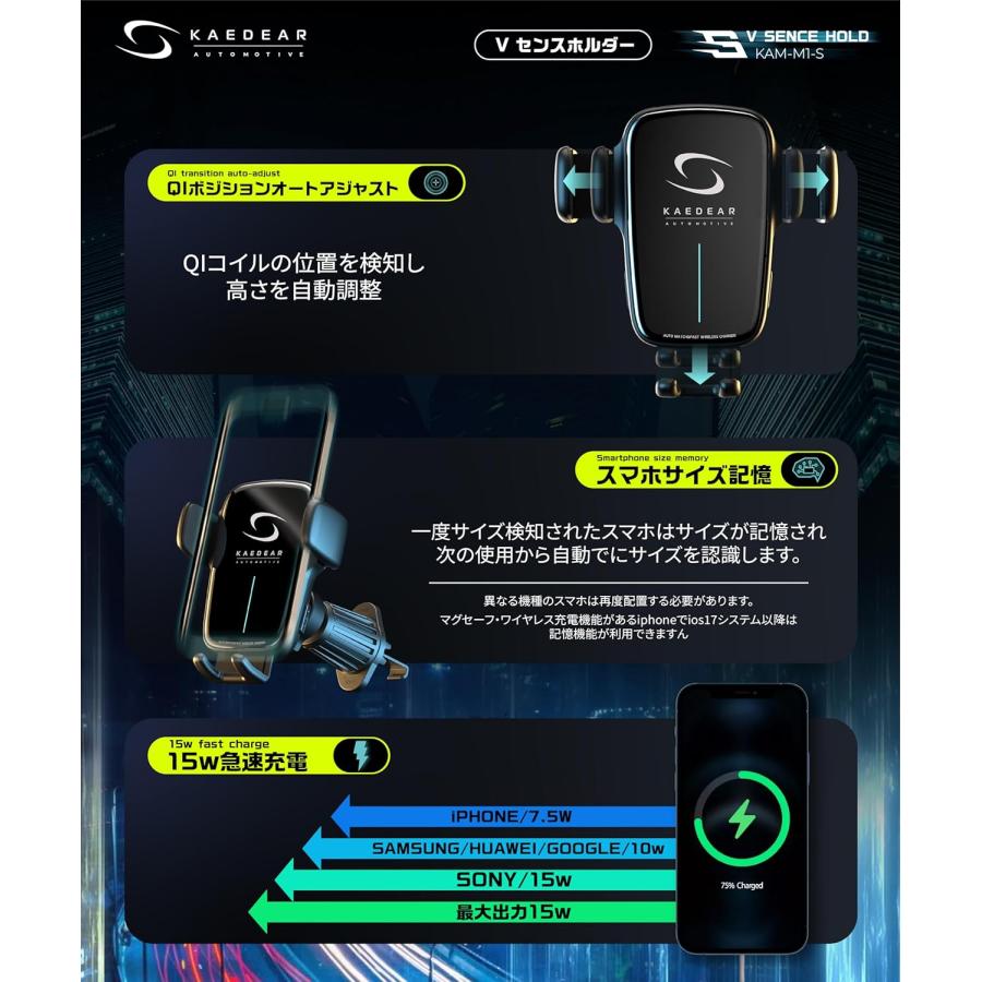 Kaedear 車 スマホホルダー QI ワイヤレス充電 車載ホルダー 自動開閉 オートアジャスト機能 吸盤マウント＆エアコンマウント Vセンスホールド KAM-M1-0 : 株式会社 ...