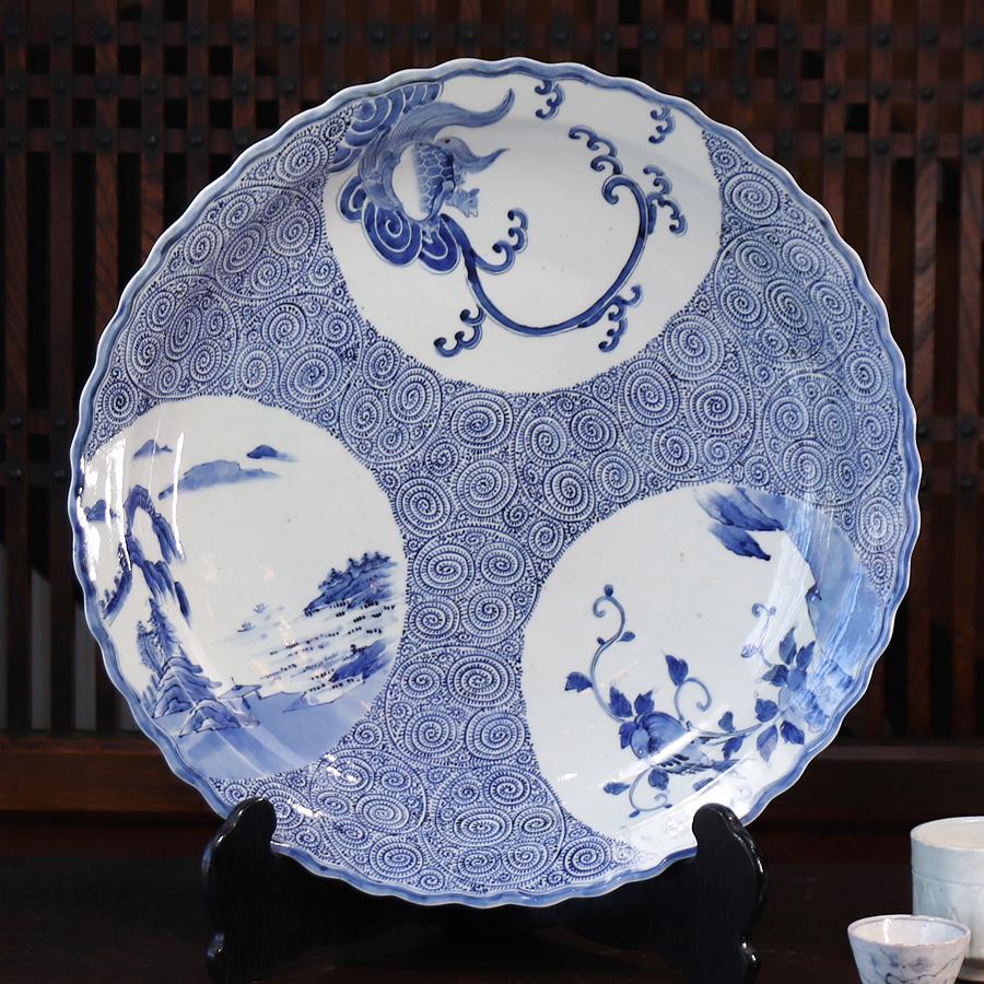 古伊万里 大皿 江戸時代後期 染付 蛸唐草文 窓絵丸紋画輪花形大鉢 深皿 一尺六寸48cm ×高台や太明成化年製銘あり SS15 : KAIKAROMAN 開花浪漫 直営店 - 通販 ...