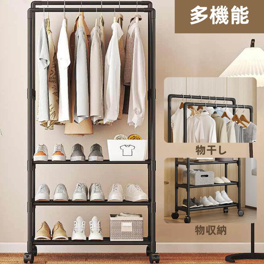 ハンガーラック 幅57.5×奥行30×高さ143cm ミニ洋服ラック 3段棚付き キャスター付き ダブルロッド 組立品 多機能 軽量型 頑丈 コンパクト 簡単組み立て おしゃ : 海のストア ...