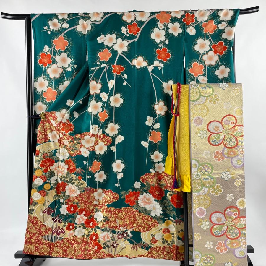 振袖 身丈161.5cm 裄丈65cm M 袷 袋帯フルセット 枝梅 牡丹 金糸 金彩 緑 正絹 美品 秀品 中古 : 1000079527872 : リユースセレクトショップバイセル ...